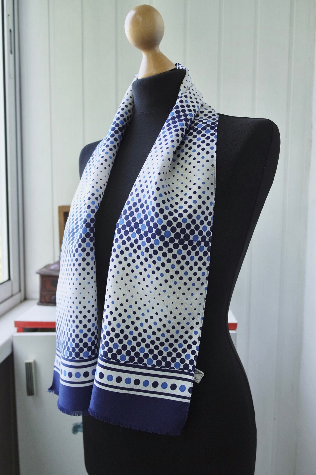 1960s–70s Mod Summer Scarf: Retro Polka Dot Pattern, White & Blue, Mid ...