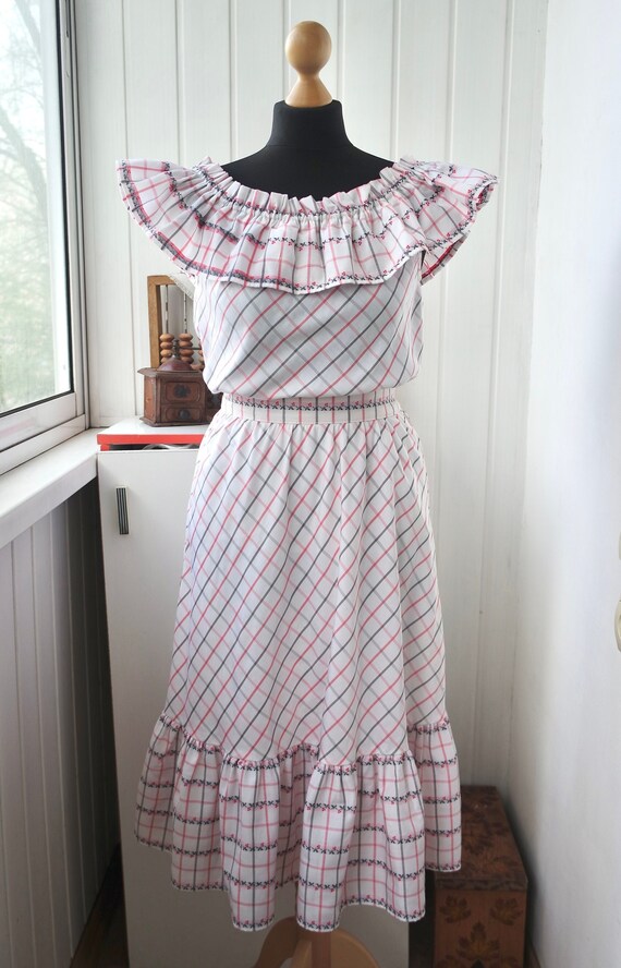 1970s Boho Peasant Two-Piece Dress: Off-Shoulder Ruff… - Gem