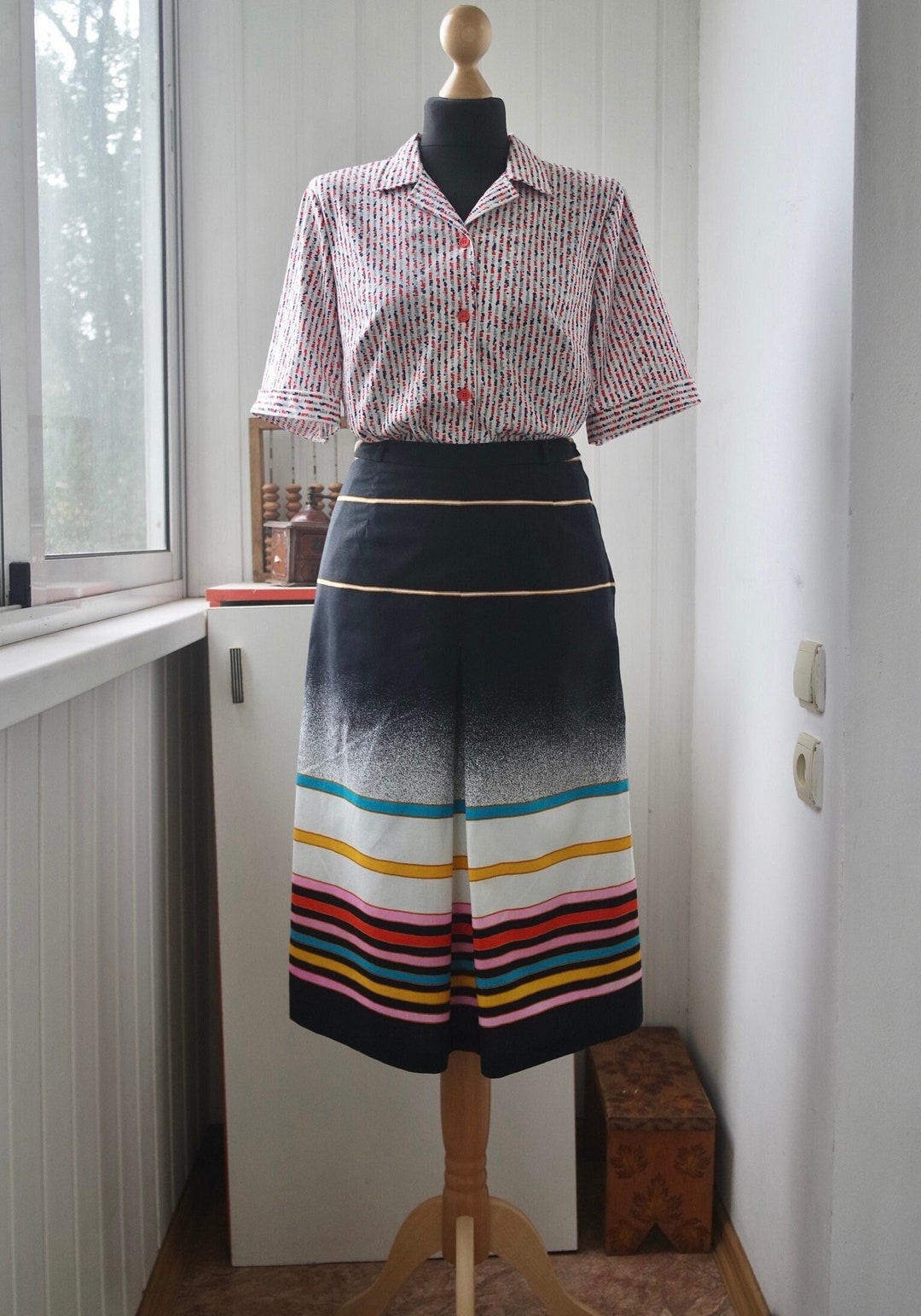60s 70s Mod Skirt Candy Striped Midi Skirt Kick Pleat Skirt Rainbow ...