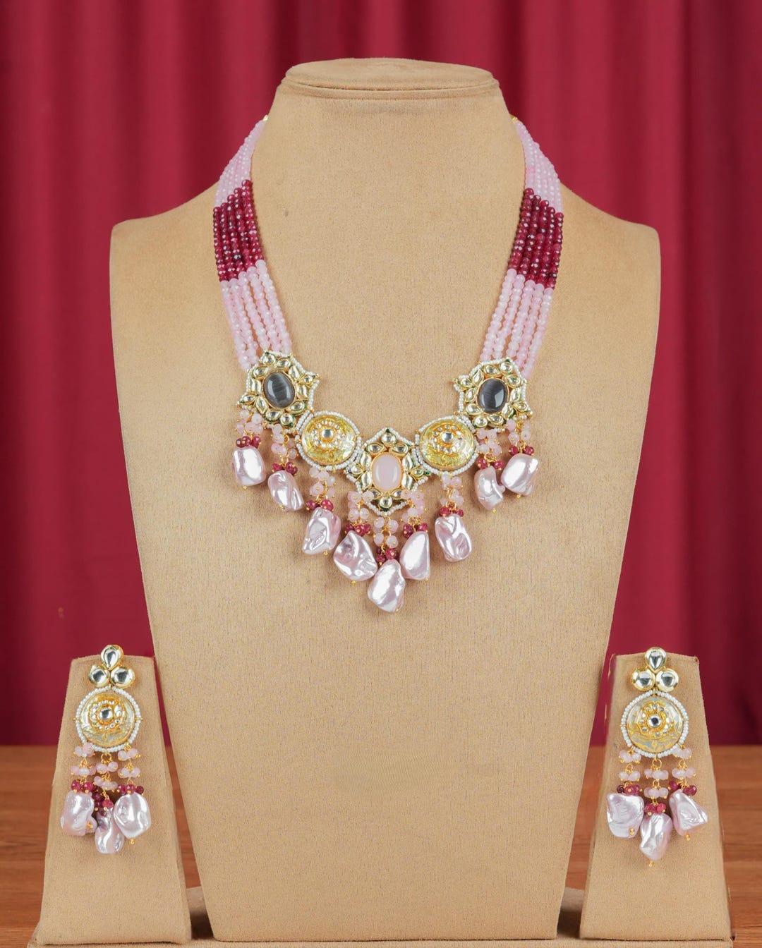 Pastel Pink and Ruby Red Beads Necklace and Earrings-kundan Polki Pearl ...
