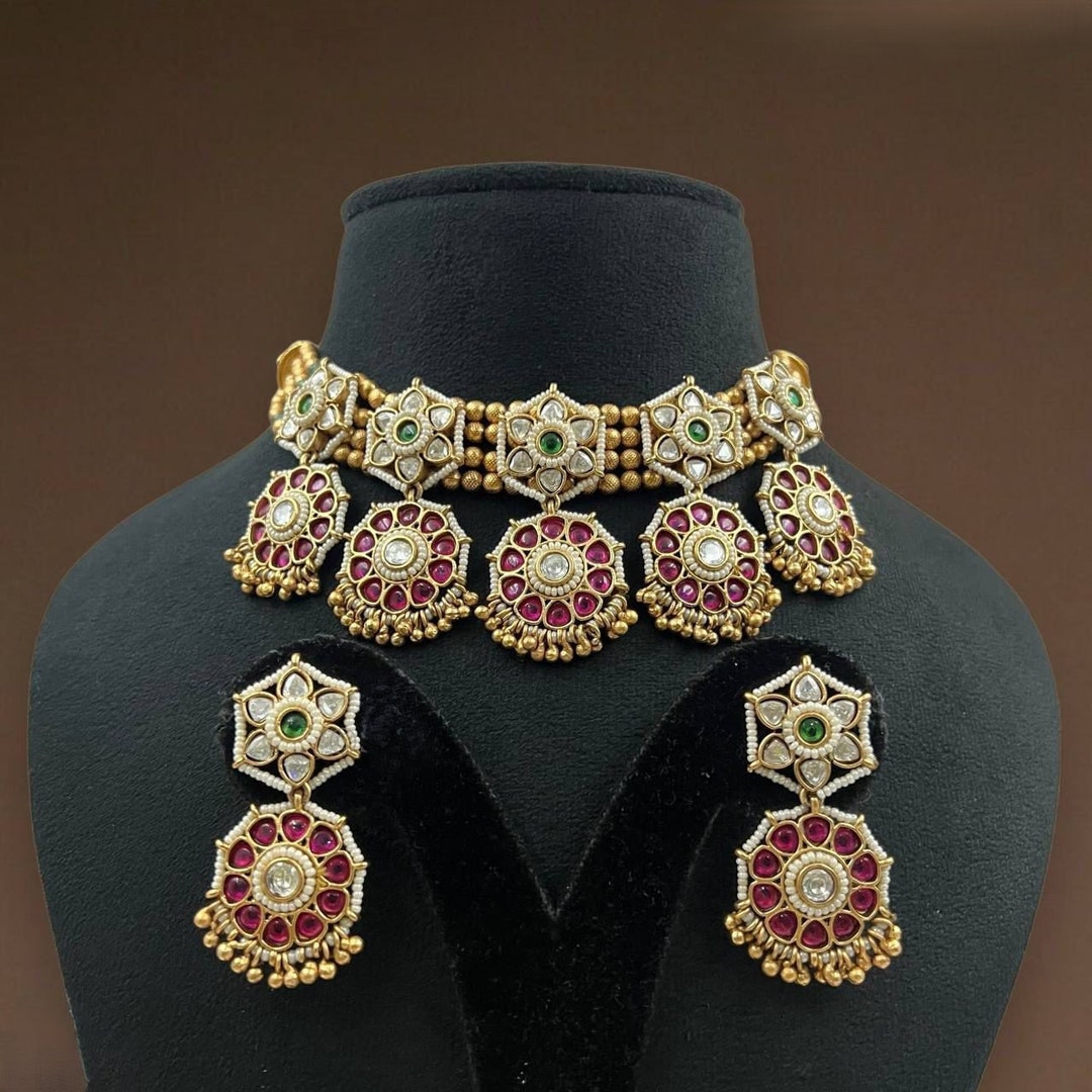 Ruby Polki Choker Necklace-green Kundan Bridal Choker-antique Dull Gold ...