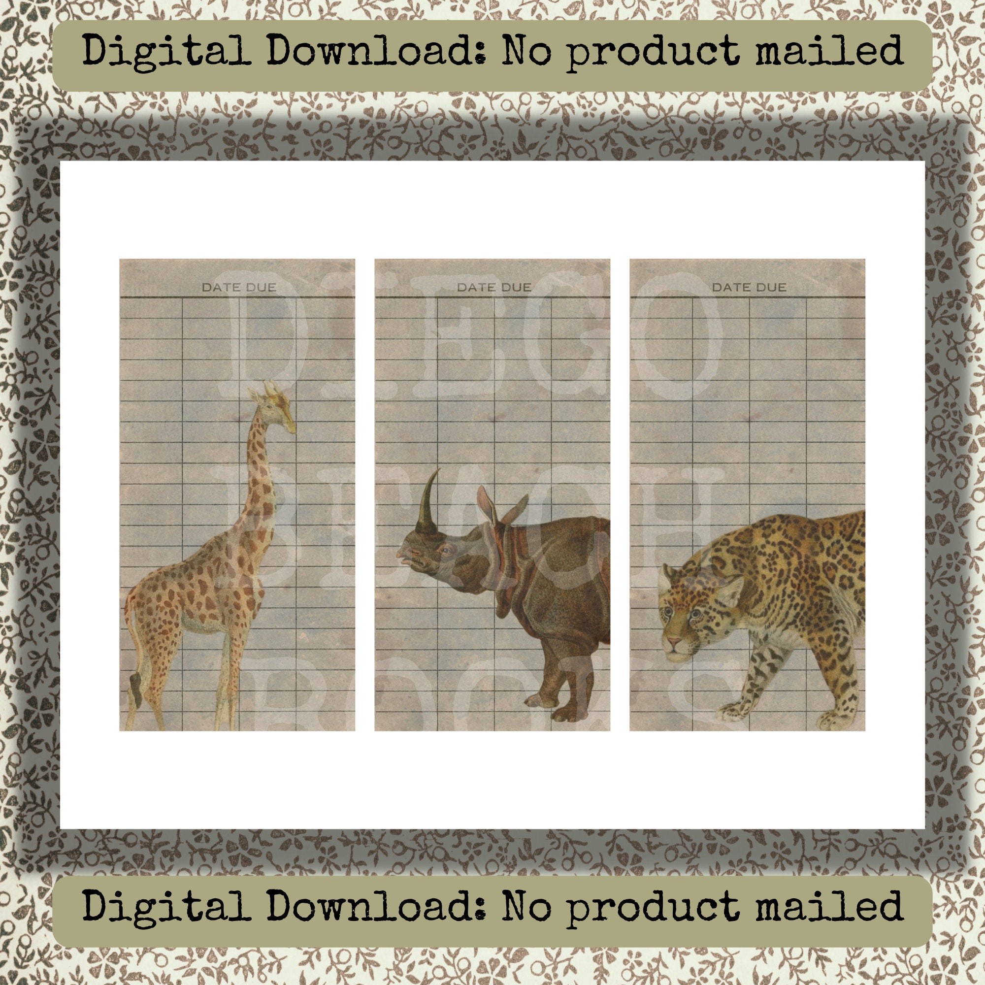 Safari Animal Library Card Printable Set, Vintage Safari Ephemera ...