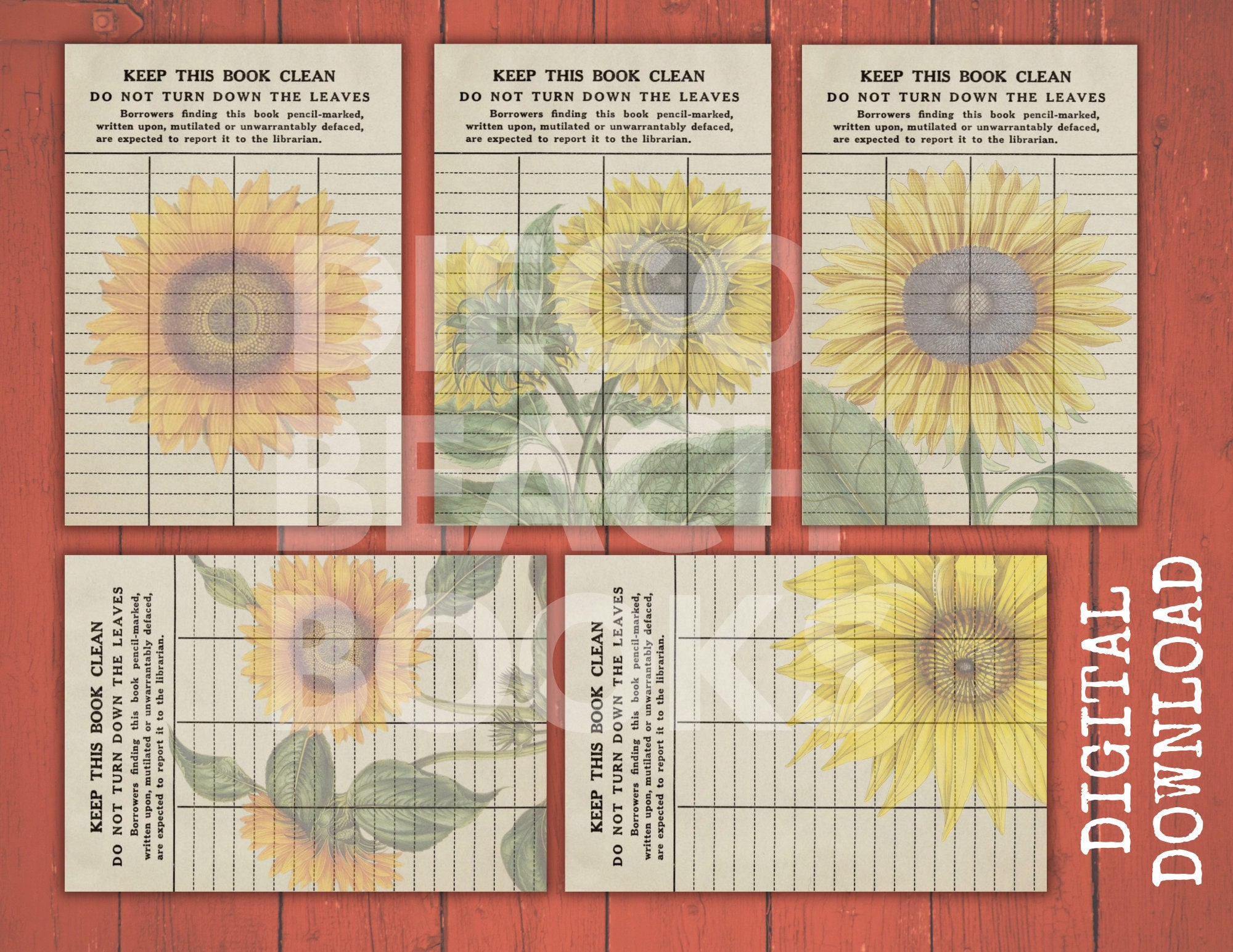 Vintage Sunflower Library Card Digital Download Set - Etsy