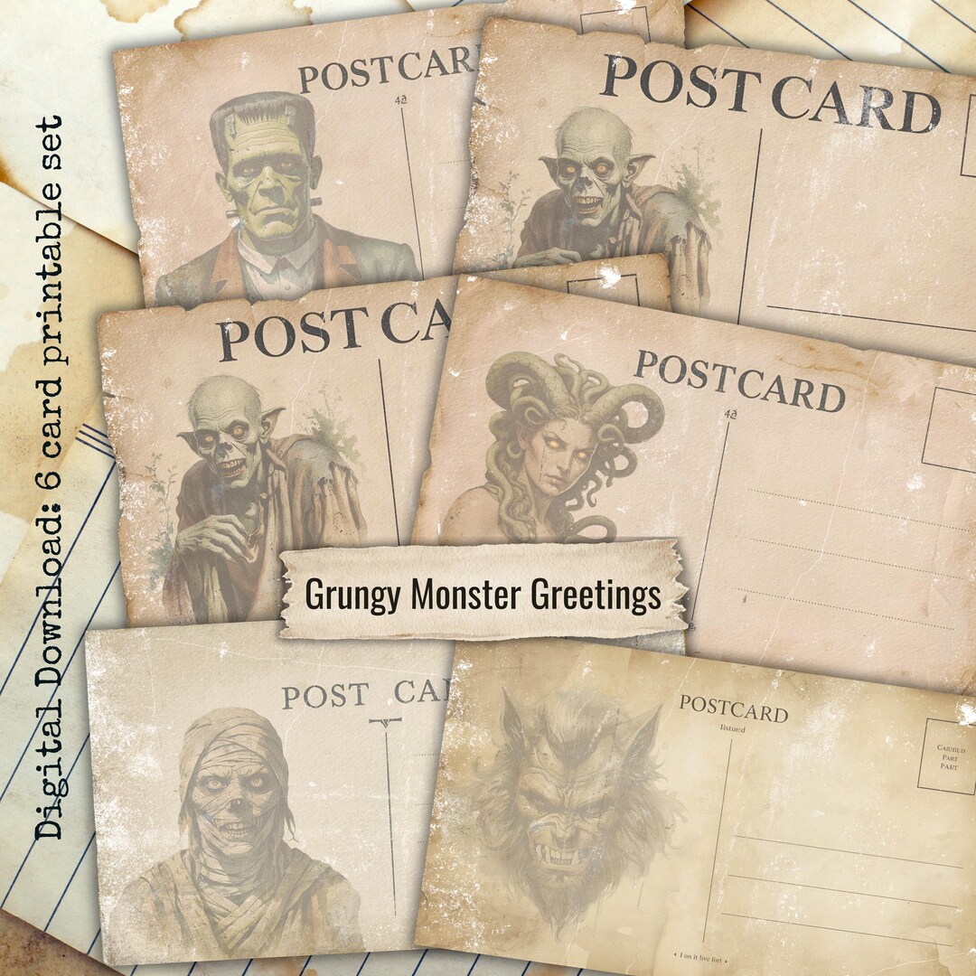 Monster Postcards Printable Vintage Grungy Scrapbook Cards Spooky Junk ...