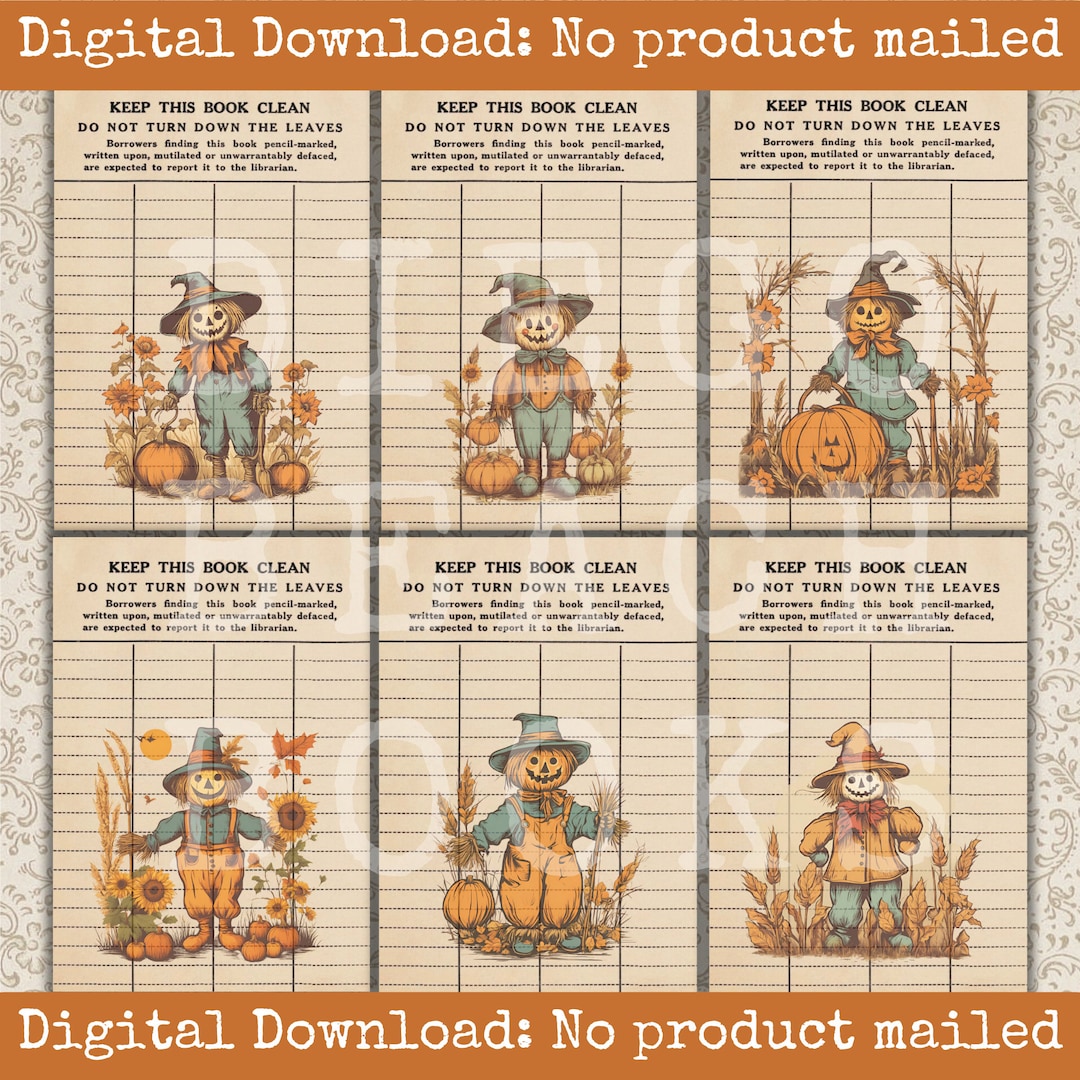 Scarecrow Library Card Printable Scarecrow Scrapbook Papers Autumn ...