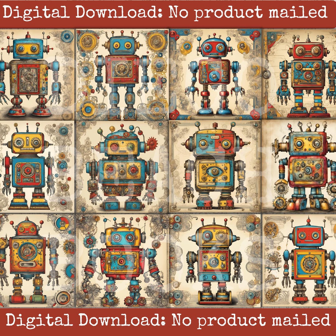Funky Robot Printable Image Pack Robot Junk Journal Ephemera Kit ...