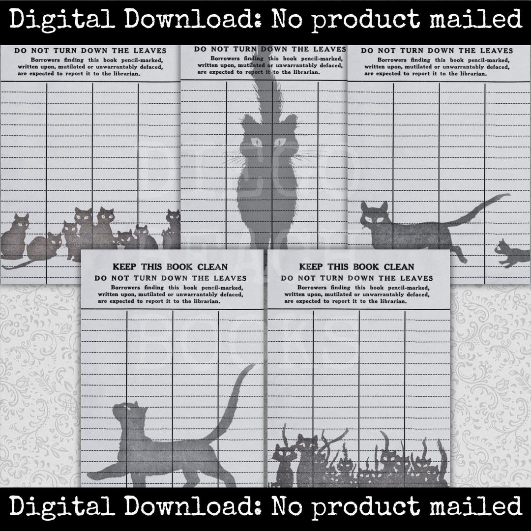 Black Cat Library Card Printable Set Vintage Black Cat Ephemera Black ...