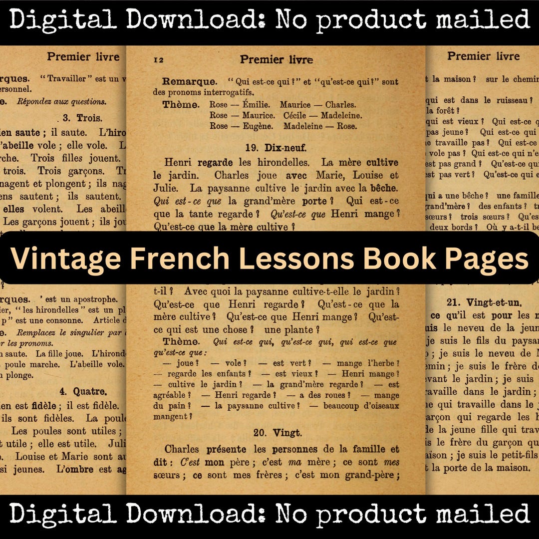 Vintage French Lessons Exercises Book Pages Printable Scrapbook Collage ...