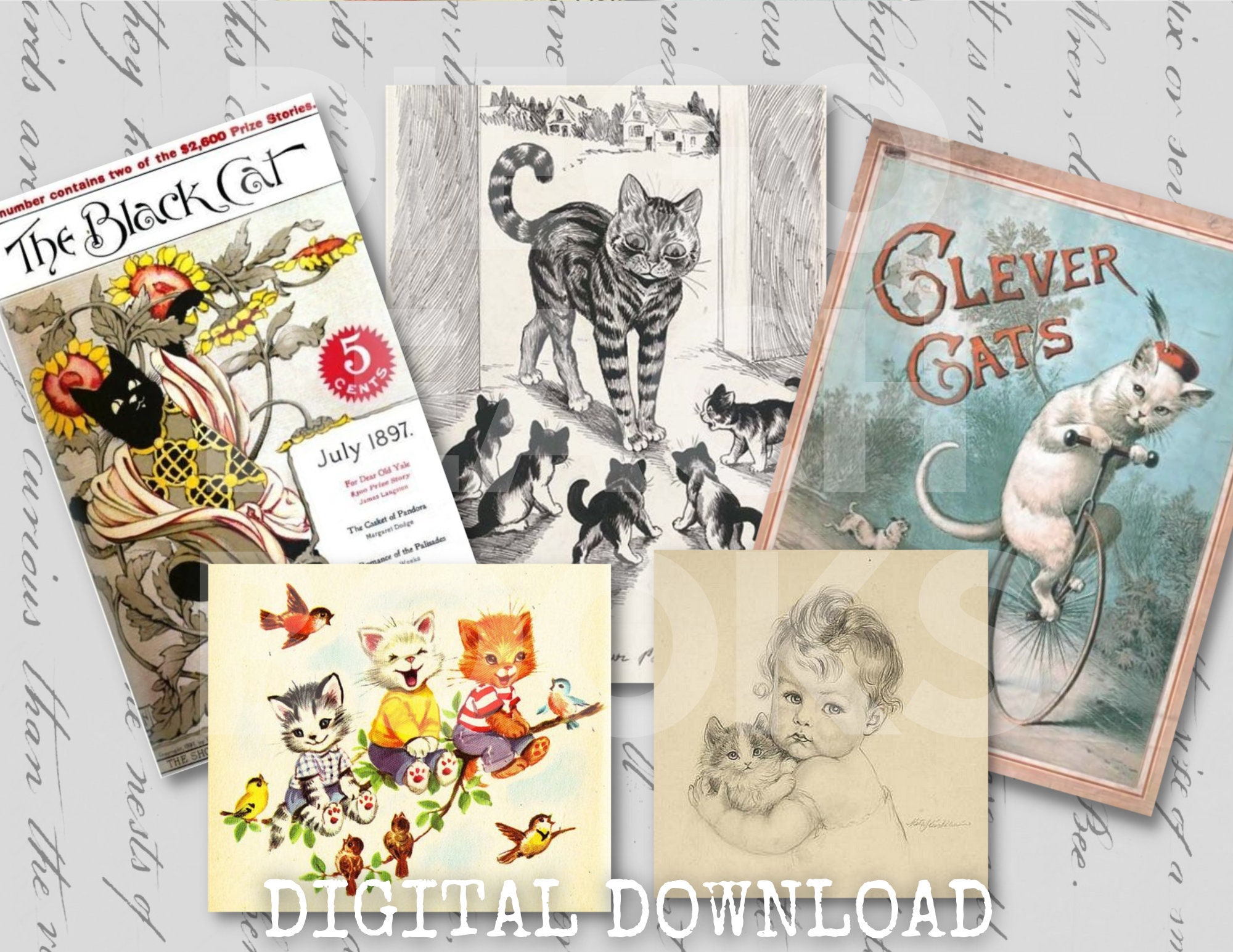 Cat Ephemera Fantastical Felines Vintage 25 Piece Printable Set ...