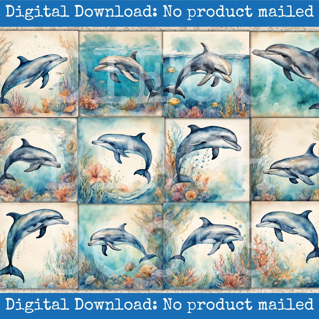 Dolphin Watercolor Image Pack Junk Journal Card Ephemera Nautical ...