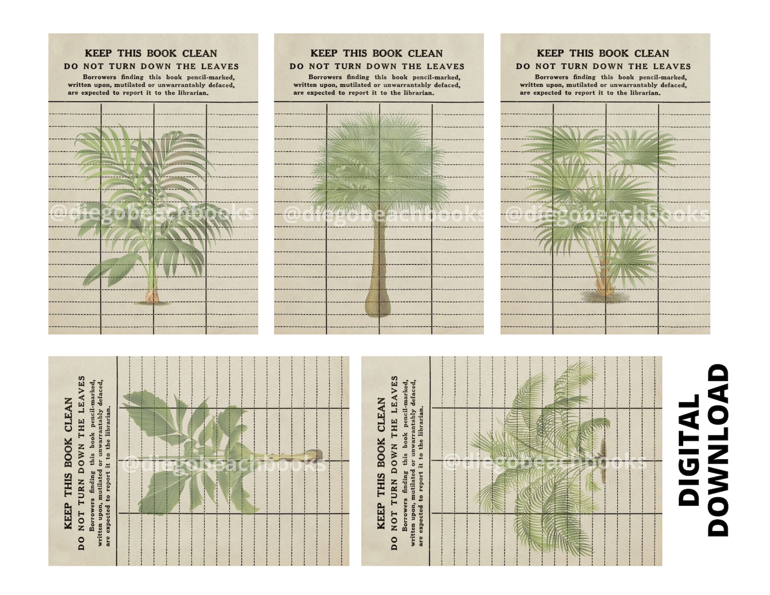 Palm Trees Library Card Vintage Printable Set Tropical Junk - Etsy