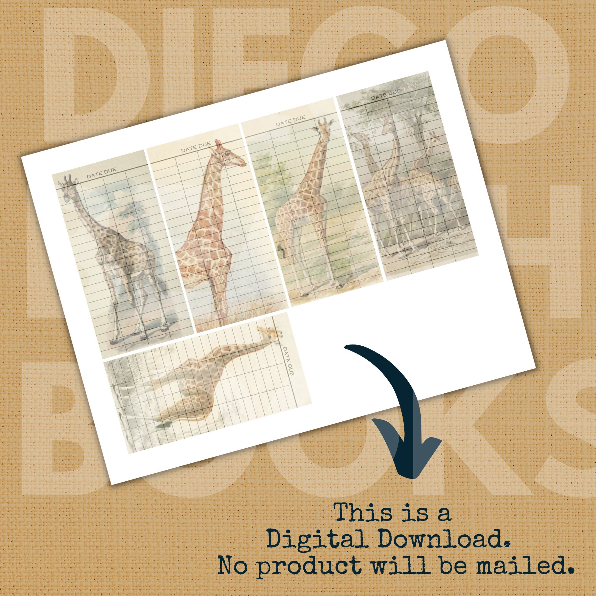 Giraffe Library Card Vintage Printable Set, Vintage Giraffe Ephemera ...