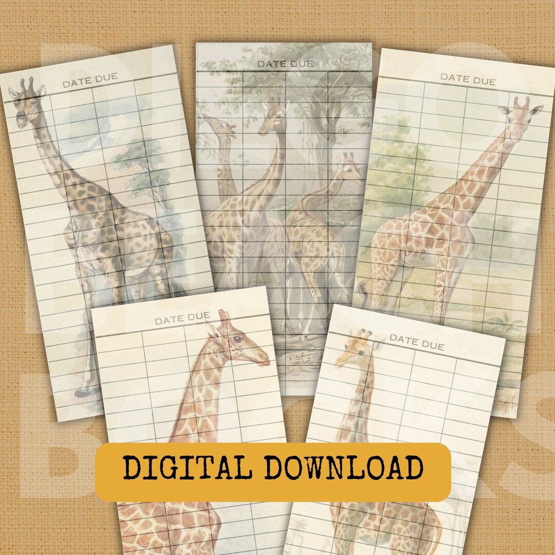 Giraffe Library Card Vintage Printable Set Vintage Giraffe - Etsy