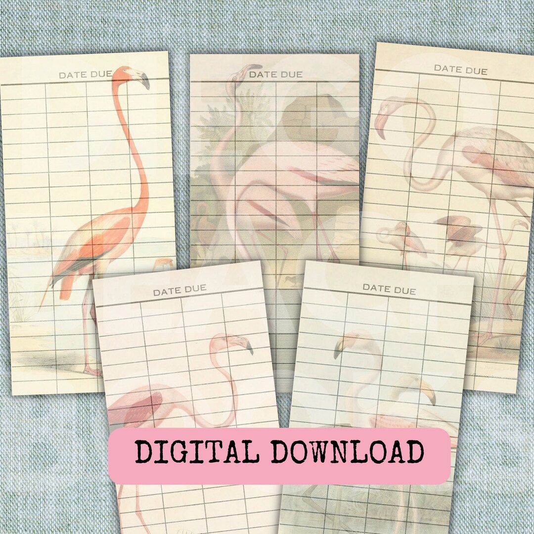 Flamingo Library Card Vintage Printable Set Tropical - Etsy