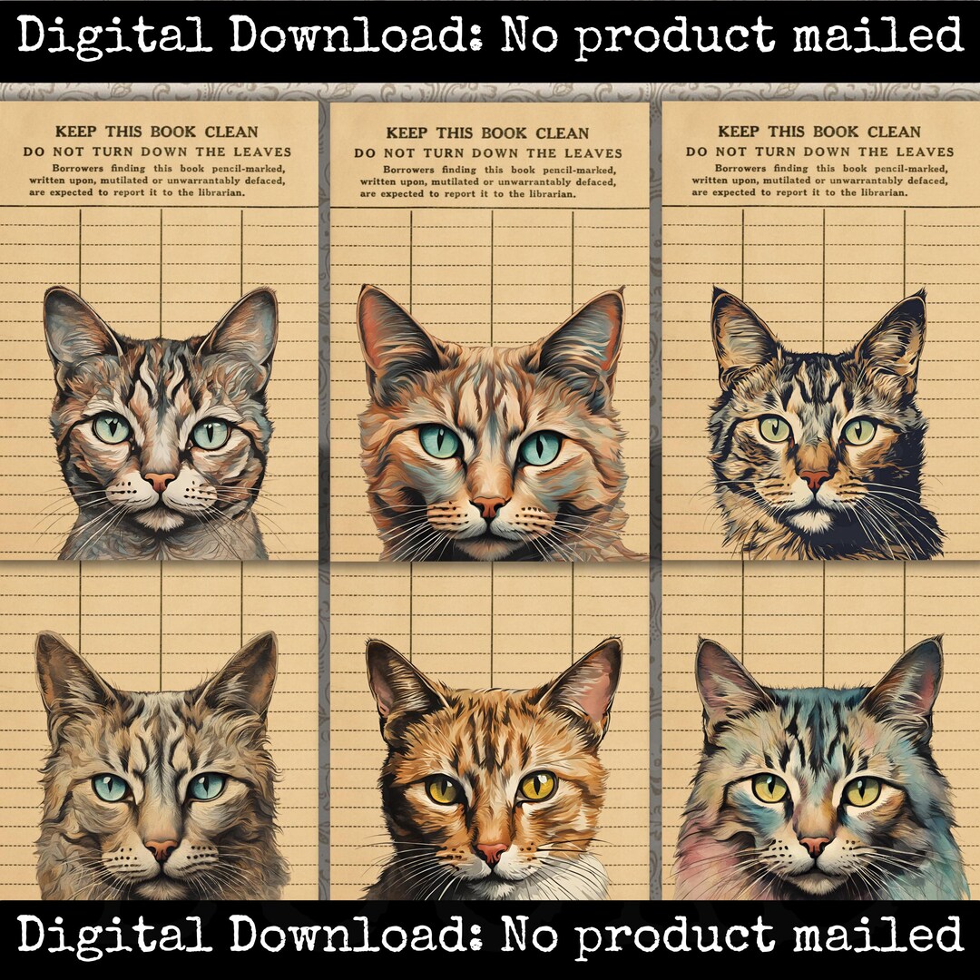 Cat Library Card Printable Set Kitty Scrapbook Papers Cat Junk Journal ...