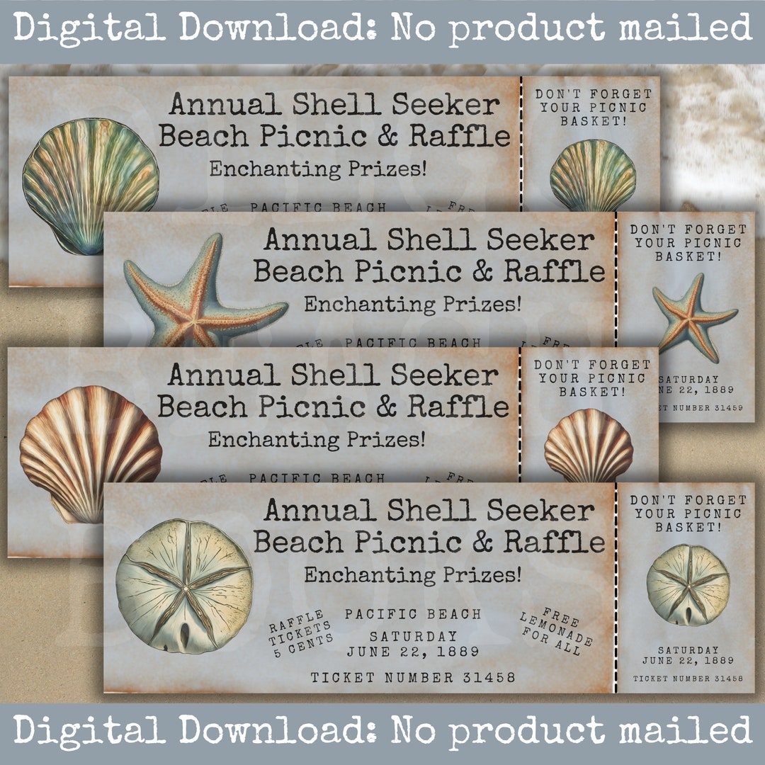 Shell Seekers Raffle Ticket Vintage Printable Download Set Ocean Junk ...