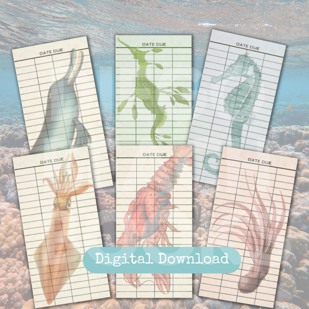 Sea Creatures Vintage Library Card Minimalist Printable Set, Vintage ...