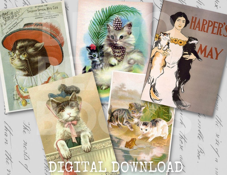 Cat Ephemera Fantastical Felines Vintage 25 Piece Printable Set ...