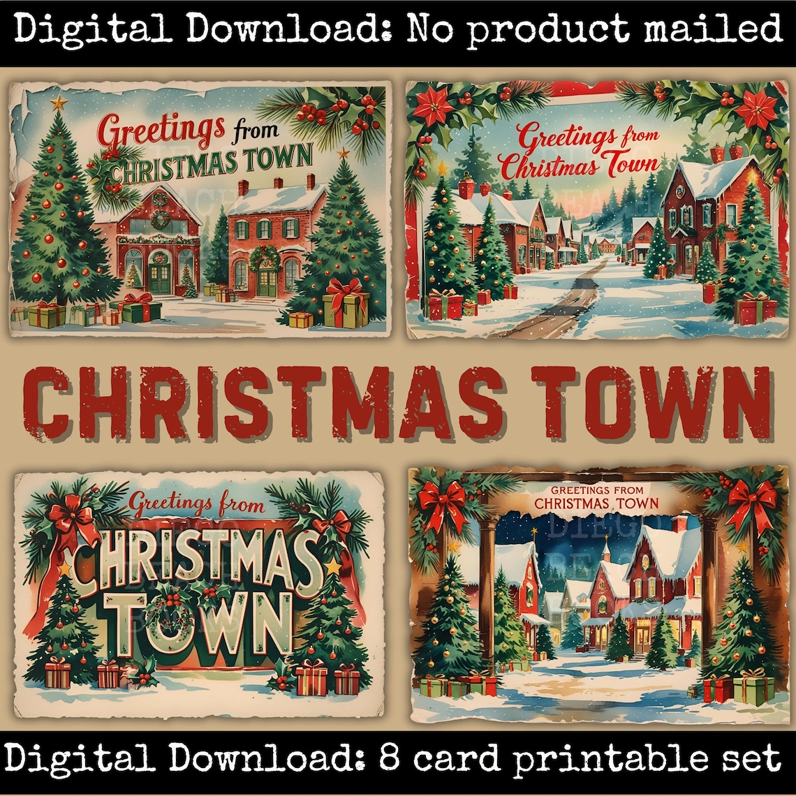 Greetings From Christmas Town Printable Vintage Postcards - Etsy