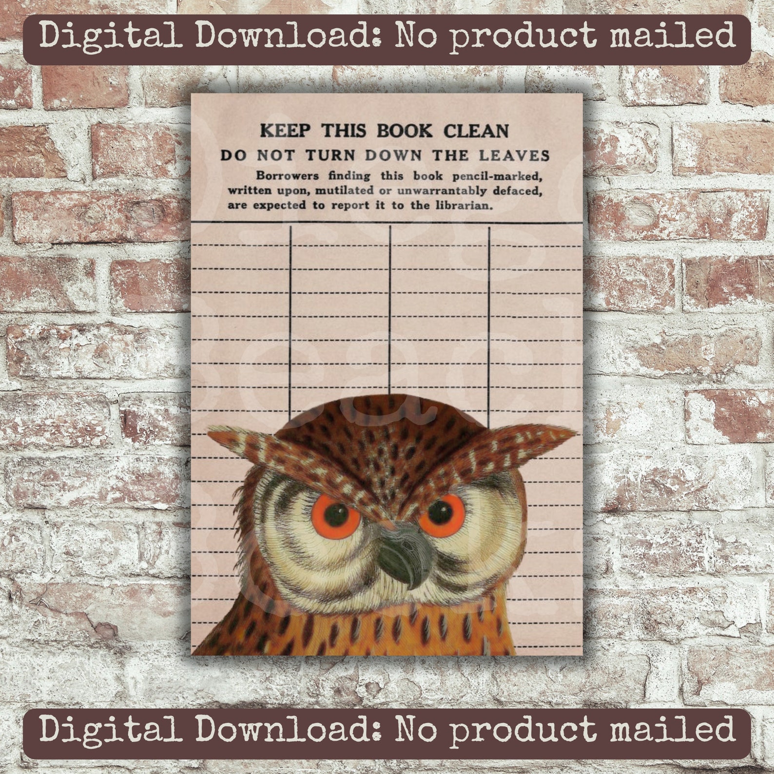 Vintage Owl Head Library Card Printable Owl Ephemera Owl Junk Journal ...