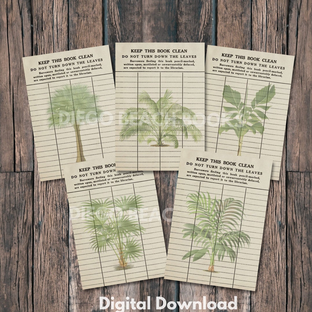 Palm Trees Library Card Vintage Printable Set, Tropical Junk Journal ...