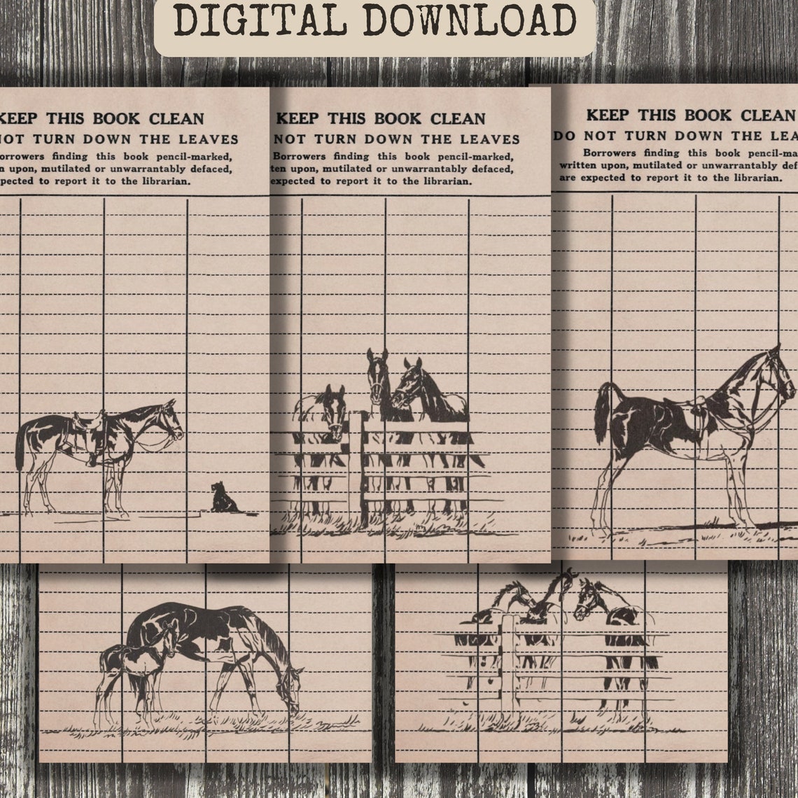 Western Horse Library Card Vintage Printable Set, Vintage Vintage ...