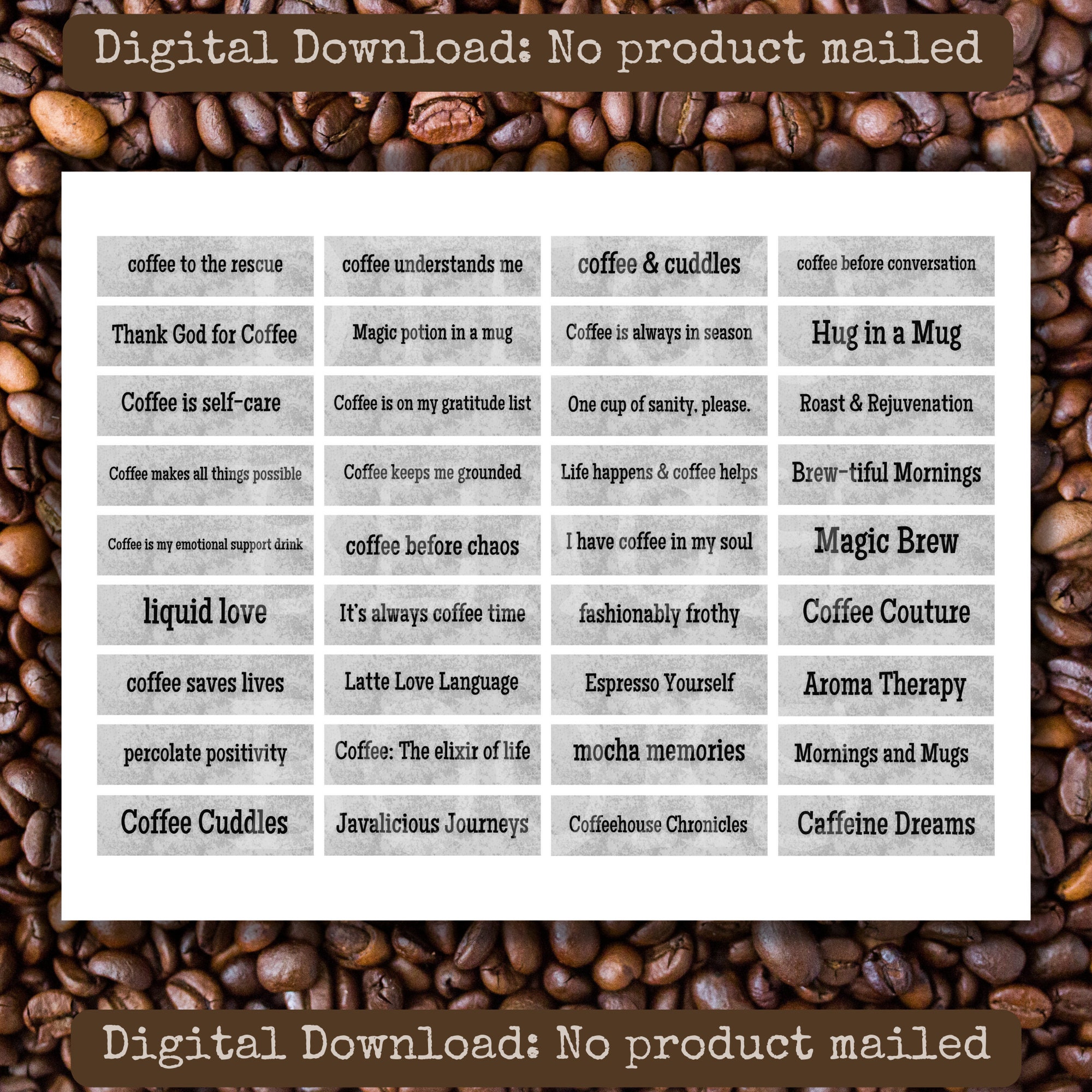 Printable Coffee Phrases 36 Piece Set 1, Word Embellishments for Junk ...