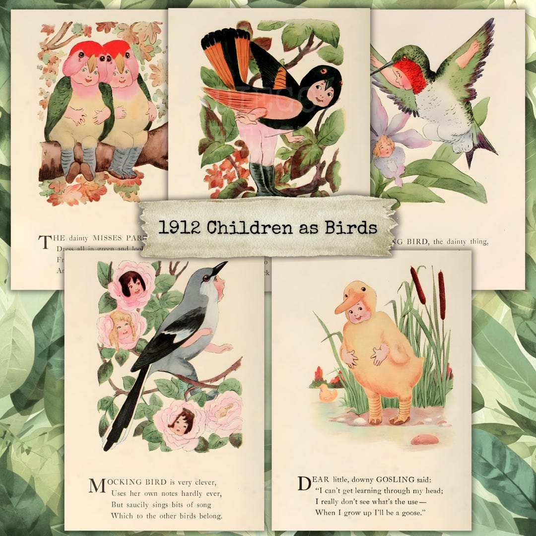 Bird Children Printable Vintage Illustration Cards 1912 Whimsical ...