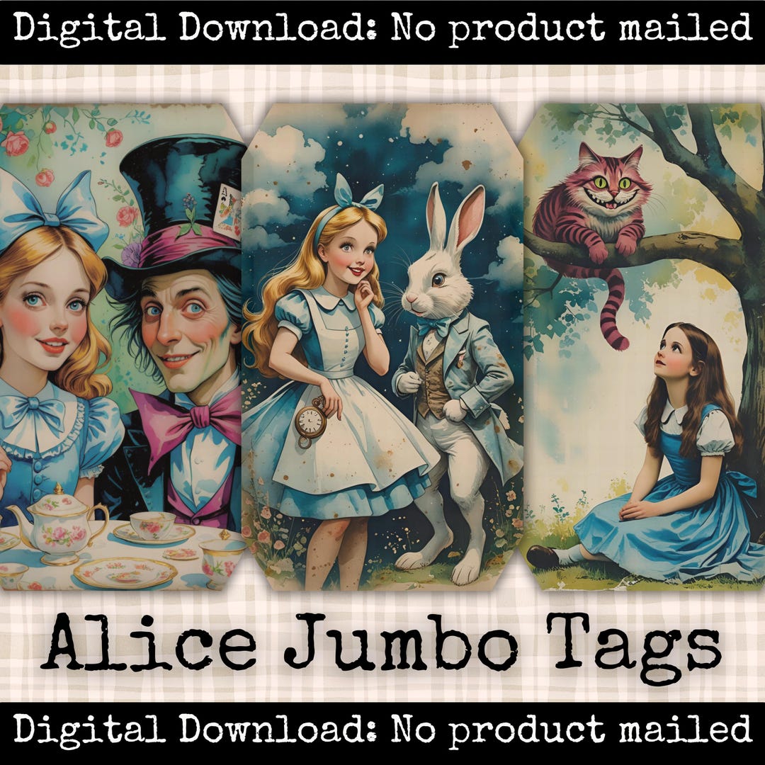 Alice in Wonderland Printable Jumbo Tags 3x5 Vintage Character Ephemera ...