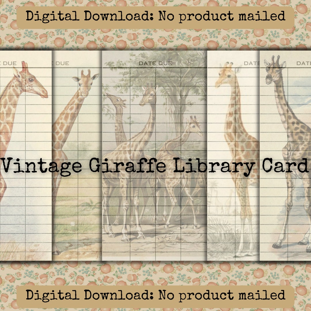 Giraffe Library Card Vintage Printable Set, Vintage Giraffe Ephemera ...