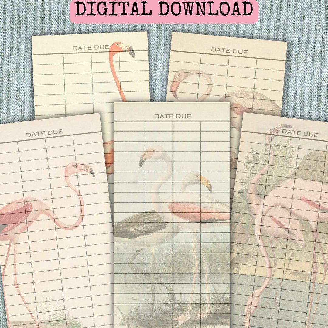 Flamingo Library Card Vintage Printable Set, Tropical Ephemera ...