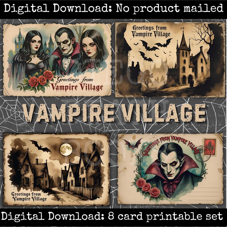 Greetings From Vampire Village Printable Gothic Halloween Postcard Set ...