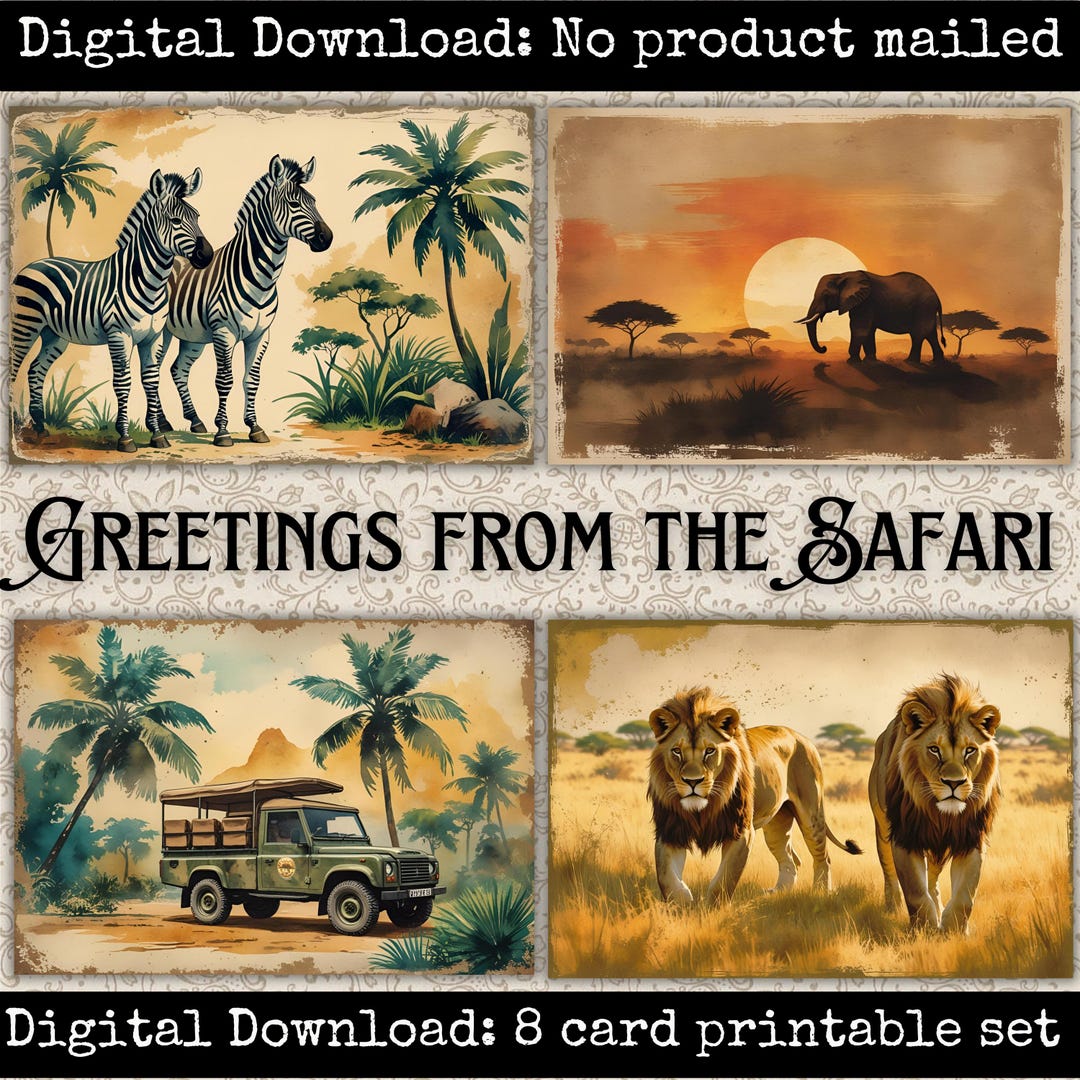 Safari Postcards Printable Vintage Jungle Animal Ephemera - Etsy