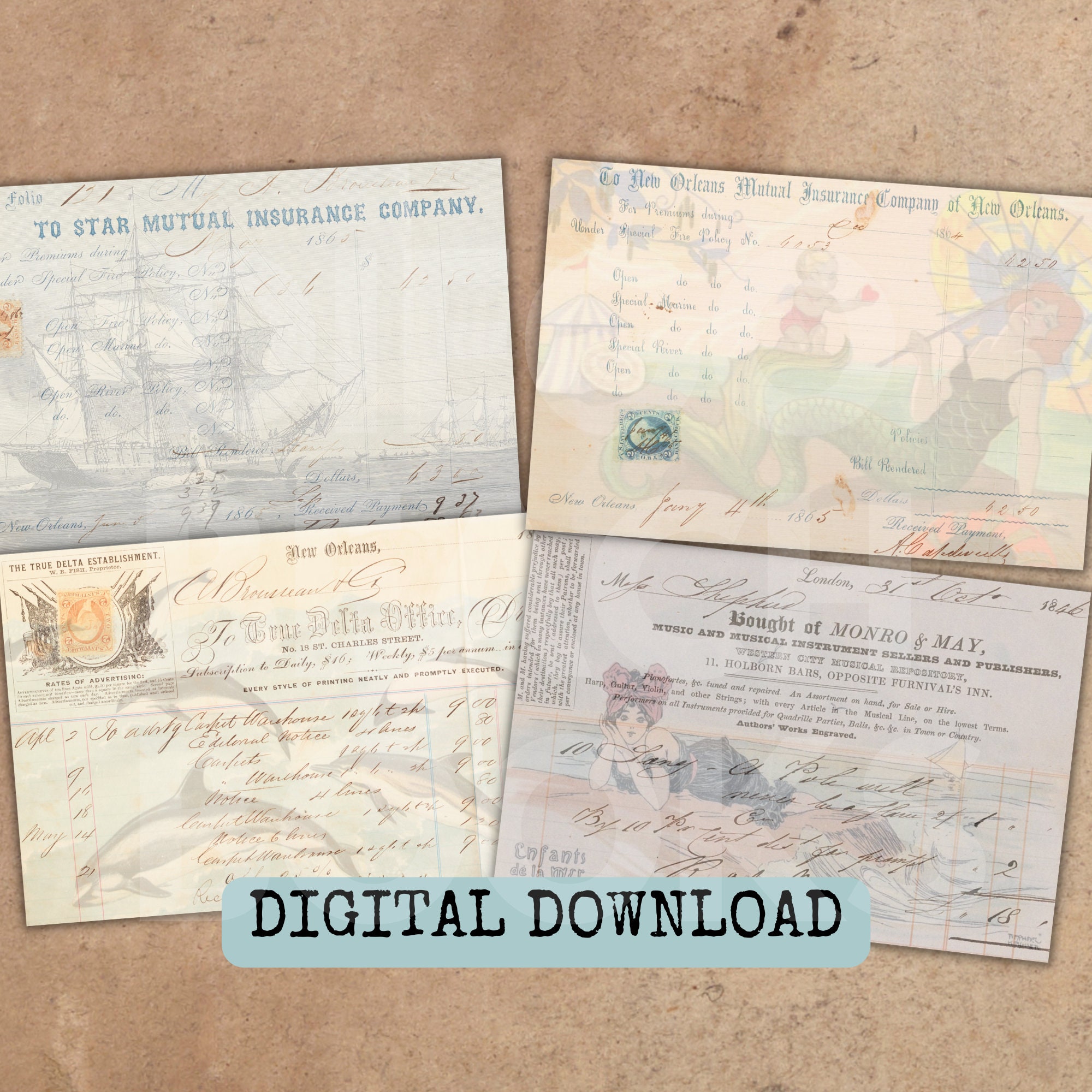 Vintage Ocean Themed Collaged Invoice Digital Download Set - Etsy