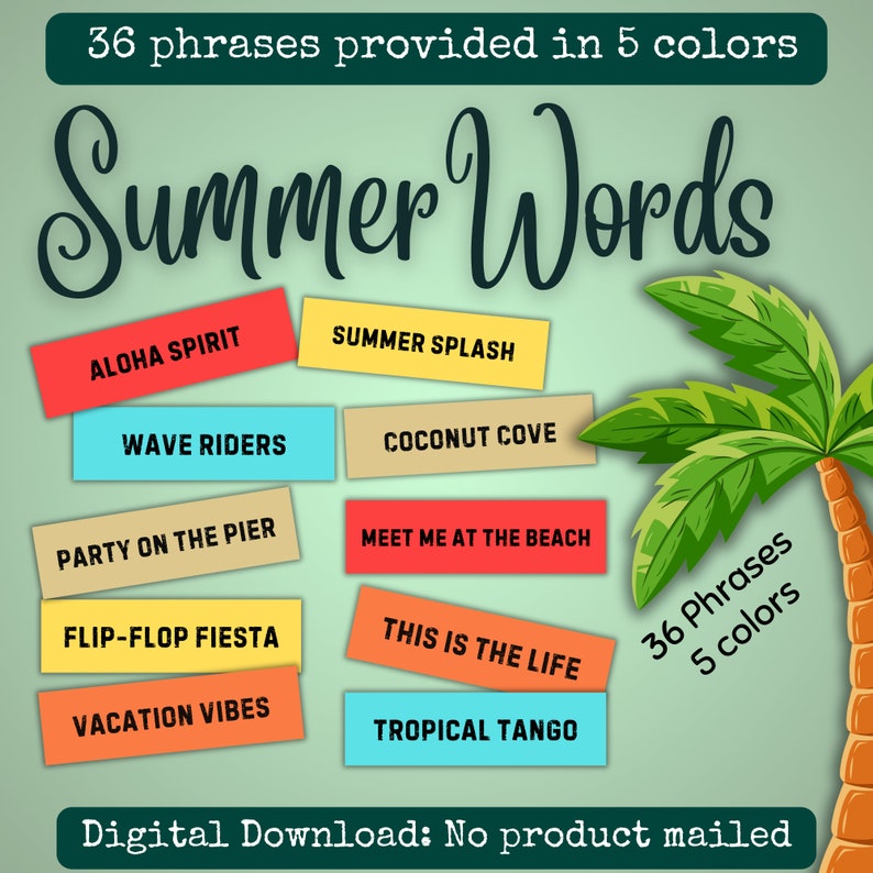 Printable Summer Phrases 36 Piece Set 1, Word Embellishments for Junk ...
