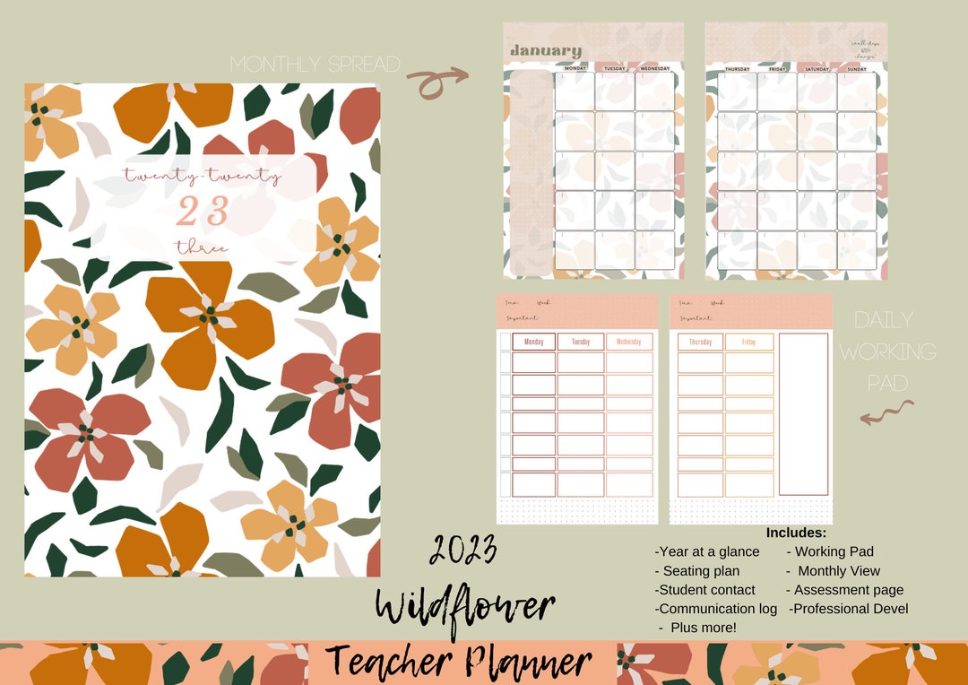 2023 Teacher Planner, Wildflower Teacher Planner, Digital 2023 Planner ...