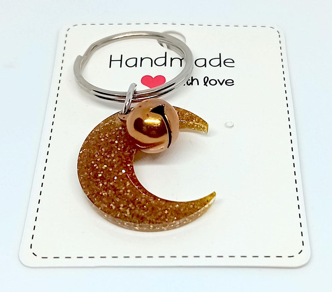Golden Glitter Half Moon Keychain: Bronze Bell Charm, Moon Phase Gift ...