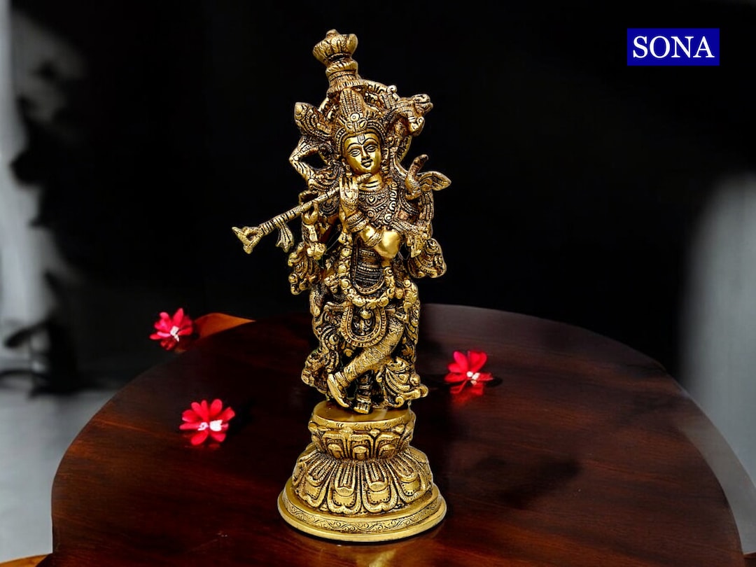 Brass Vigrah Krishna Statue, 15 Inch Large Brass Krishna Statue Idols ...
