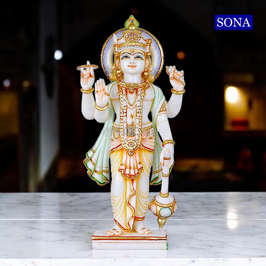Natural White Marble Standing Vishnu Statue | Lakshmi Narayan Idol for ...