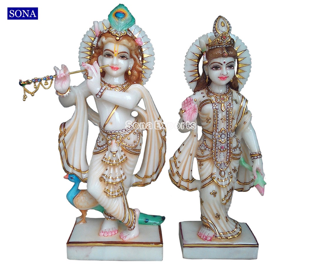White Marble Radha Krishna Statue, 15 Inch Radha Krishna Idol Moorti, Natural Stone Radha ...
