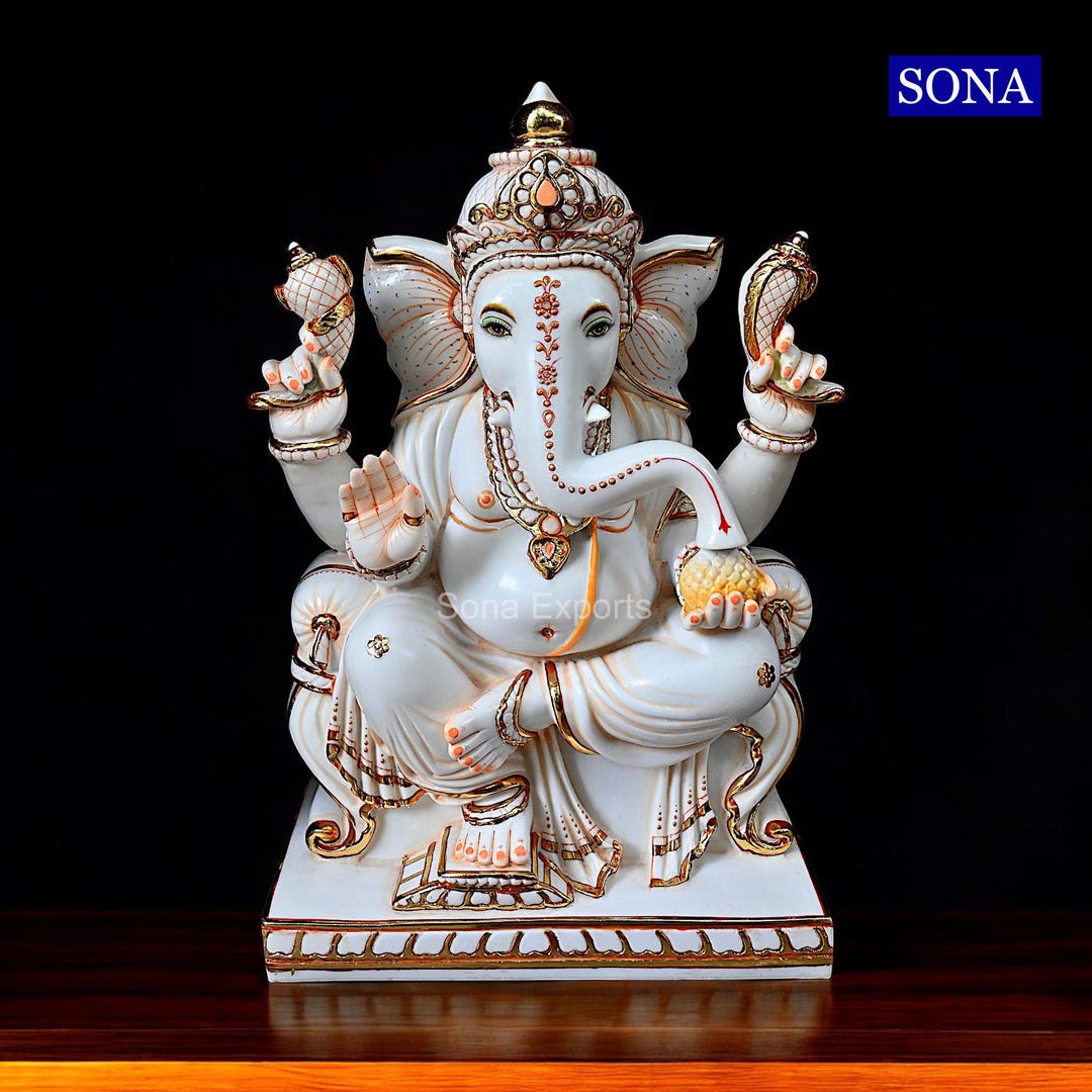 White Ganesh Statue 24 Inch Cultured Marble Gnesh Statue Idol Moorti ...
