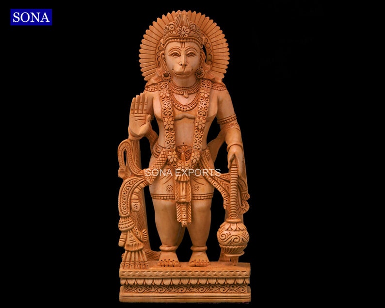 Standing Hanuman Statue Idol in Wood, 21 Cm Big Handmade Blessing ...