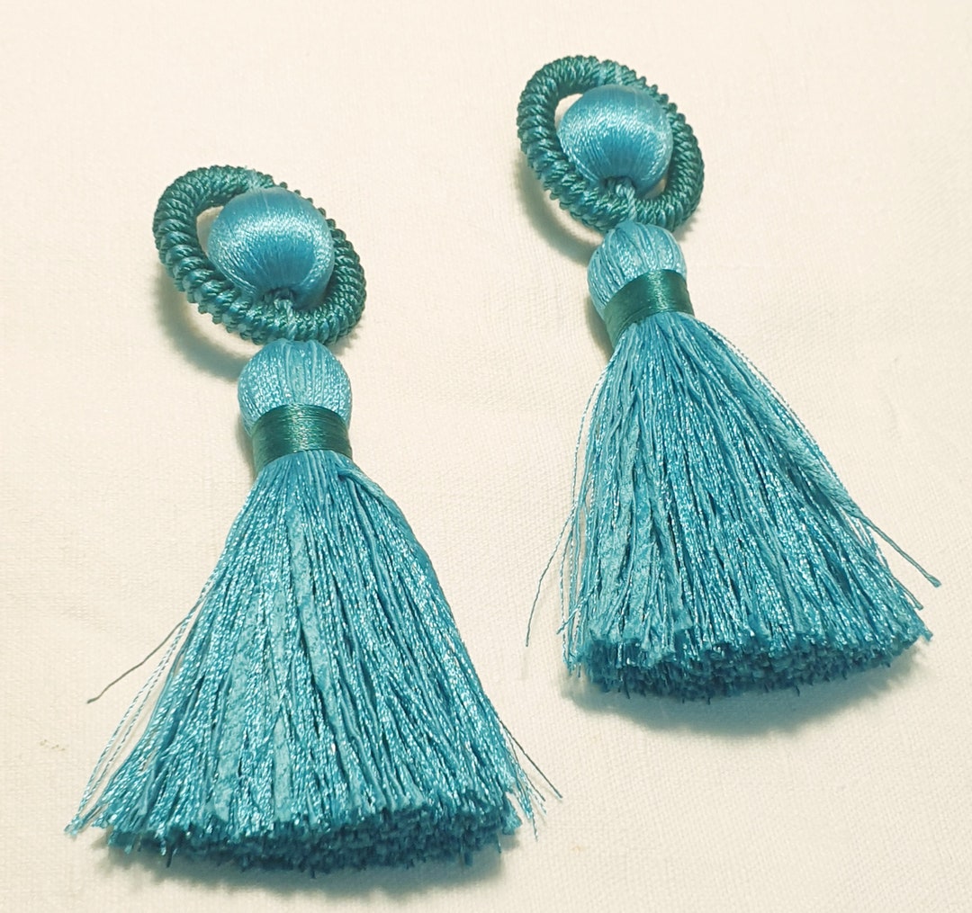 Pom-poms With Fringe and Ball (pair) HOULES Trim, Turquoise Color, 9 Cm ...