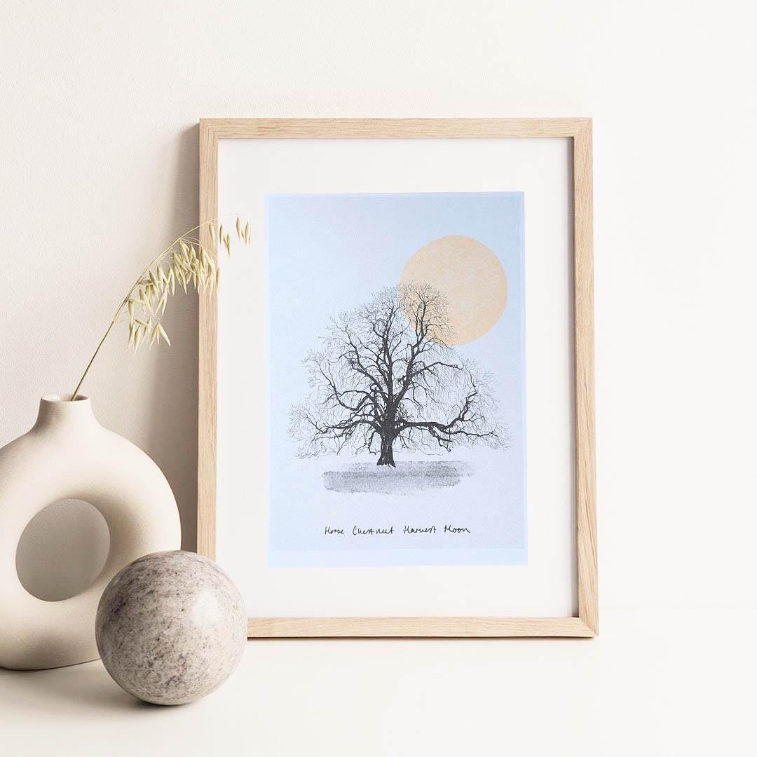 Horse Chestnut Harvest Moon - Hand-drawn Tree Silhouette Riso Print - Etsy