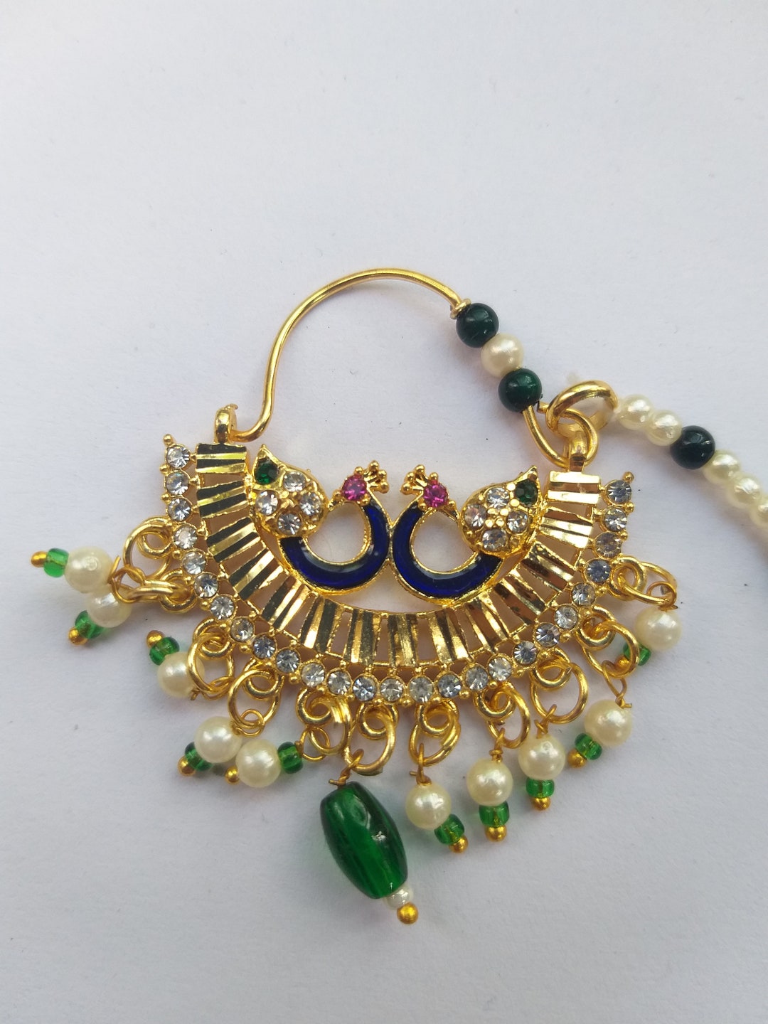 Traditional Peacock Nose Ring With Chain Designer Indian Nath Bridal Fashion Jewelery Gold ...