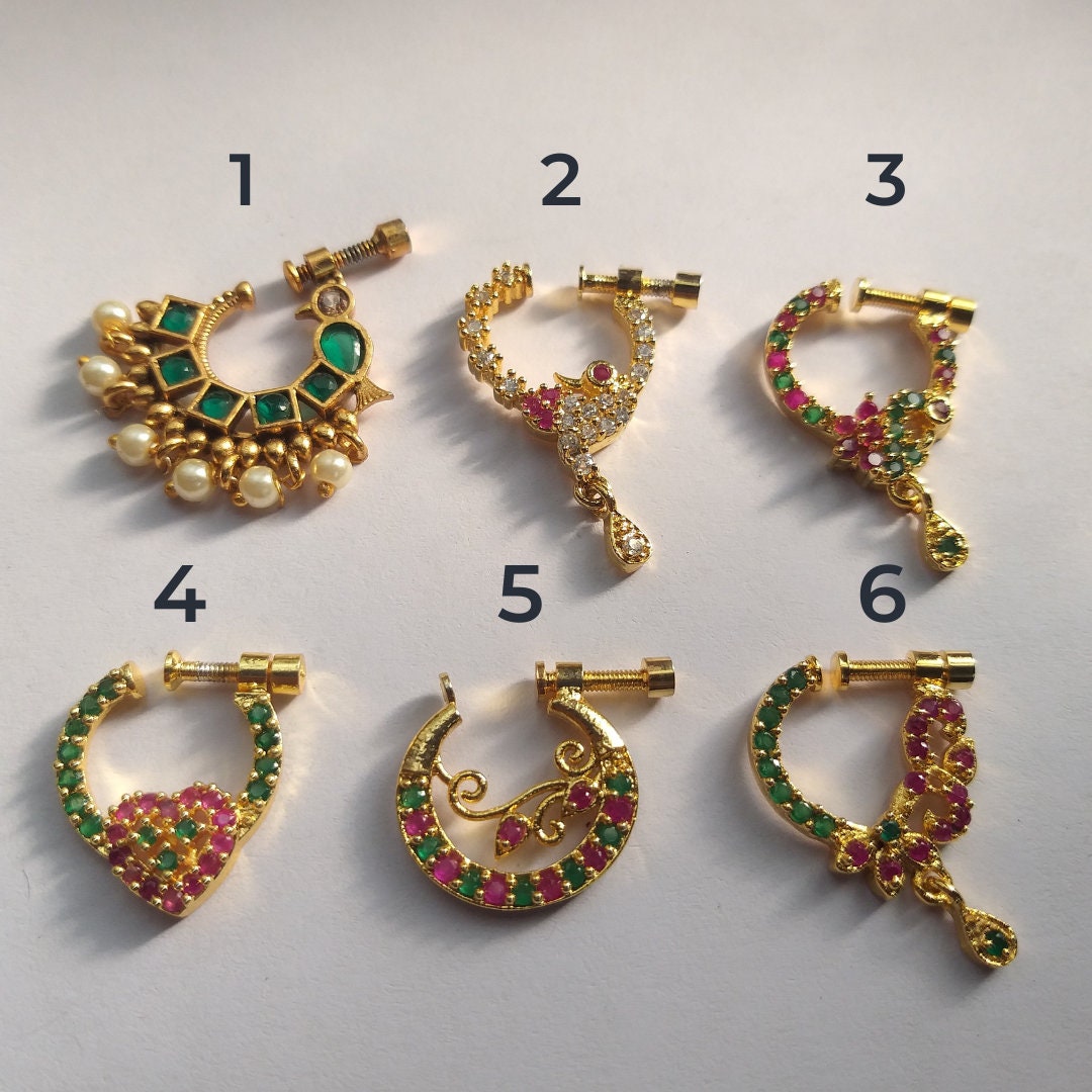 Crystal Screw Nose Ring Traditional Gold Plated Indian Wedding Nath ...