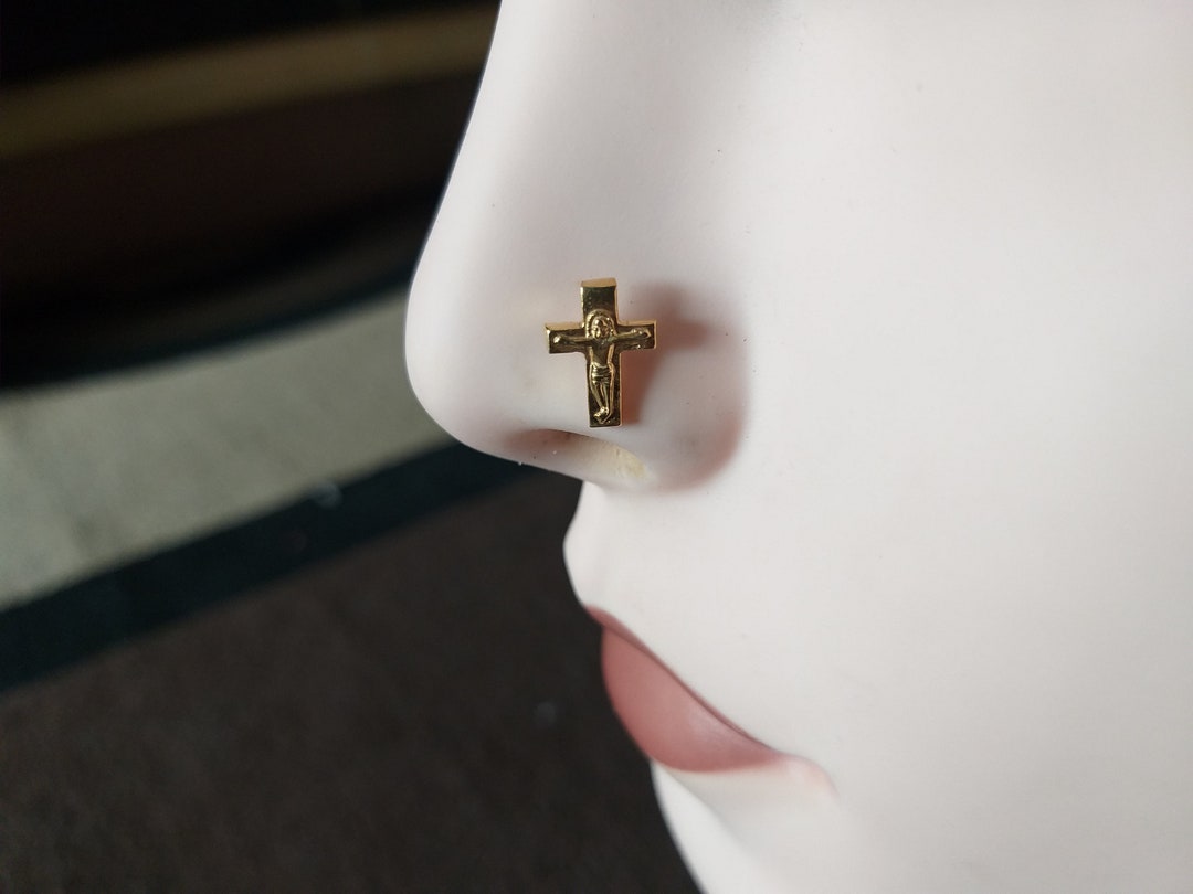 92.5 Sterling Silver Cross Nose Stud With Jesus Christ 14K Gold Plated ...