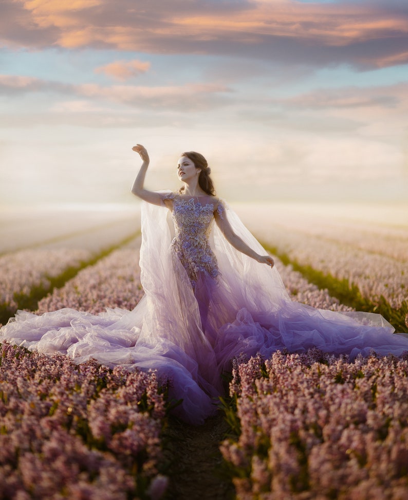 Custom Couture Purple Wedding Gown Iris Tulle Dress With 3d Etsy