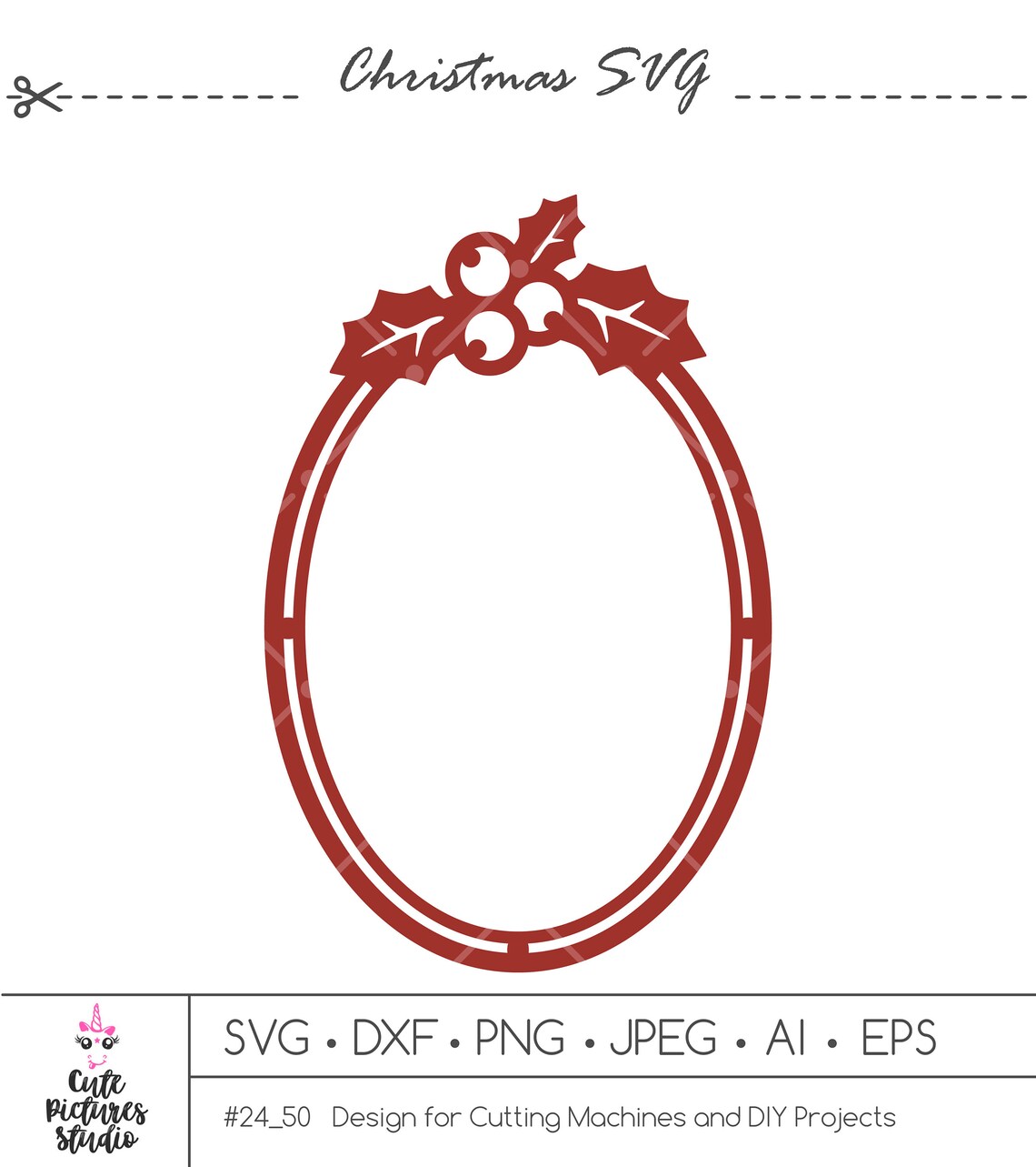 Christmas oval frame with holly for monogram SVG DXF cut file. | Etsy