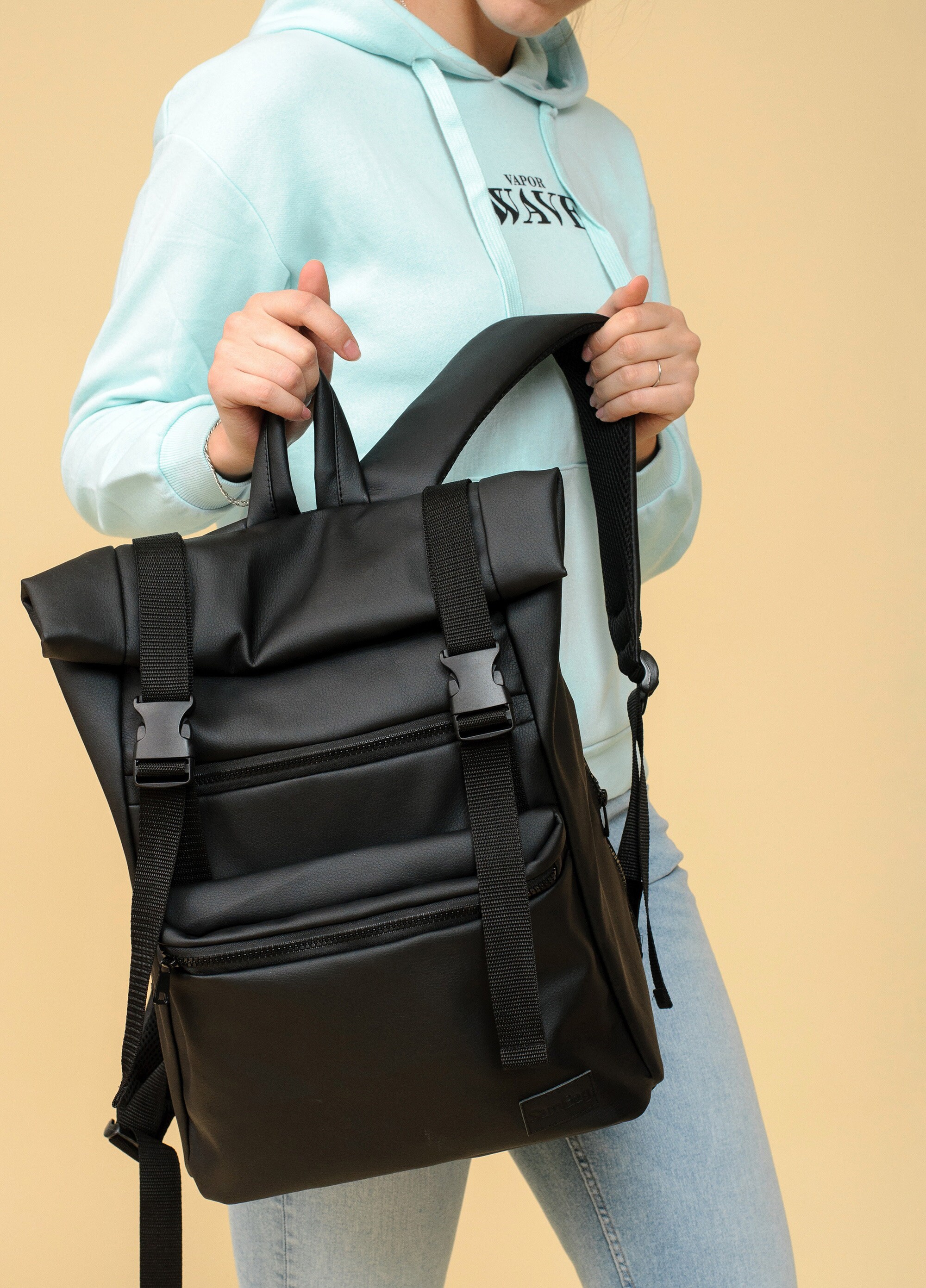Black Roll Top Backpack, Woman Roll Top, Rolltop Backpack, Roll Top ...